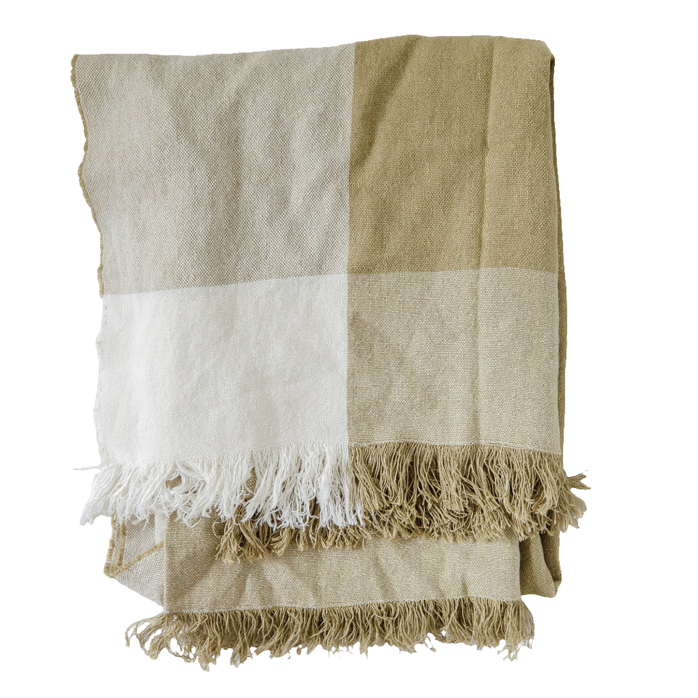 Signature Linen Throw Blanket in Olive Green & Cream Check – Cozy ...